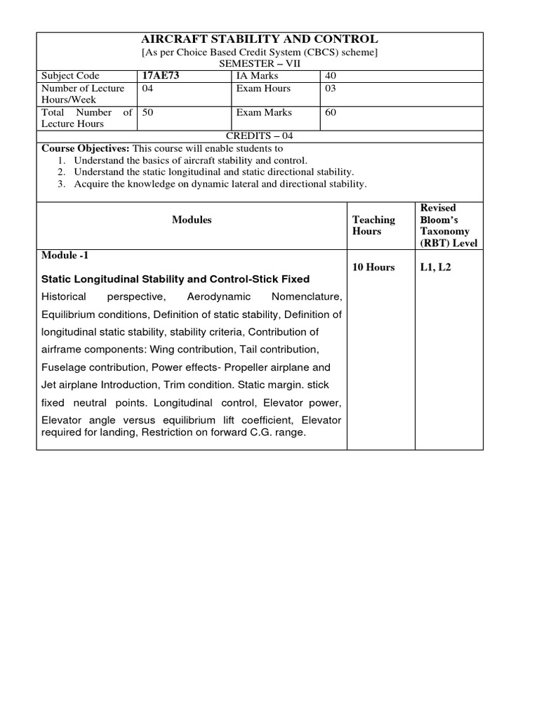 Aircraft Stability and Control Syllabus | PDF | Mechanics | Aerospace ...