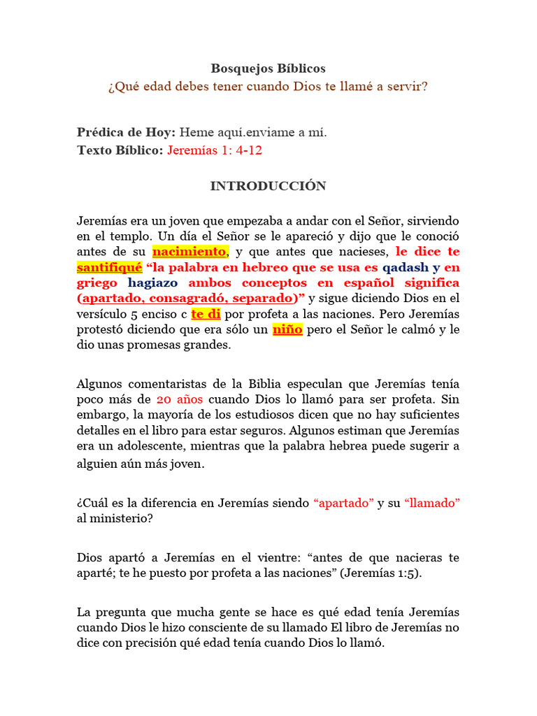 Bosquejos Bíblicos El Llamado de Dios a servirle a ÉL. | PDF | Daniel ...