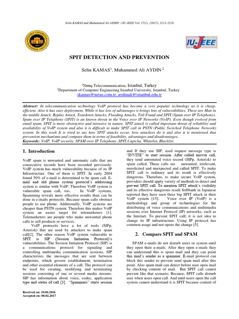 Spit Detection | PDF | Voice Over Ip | Session Initiation Protocol