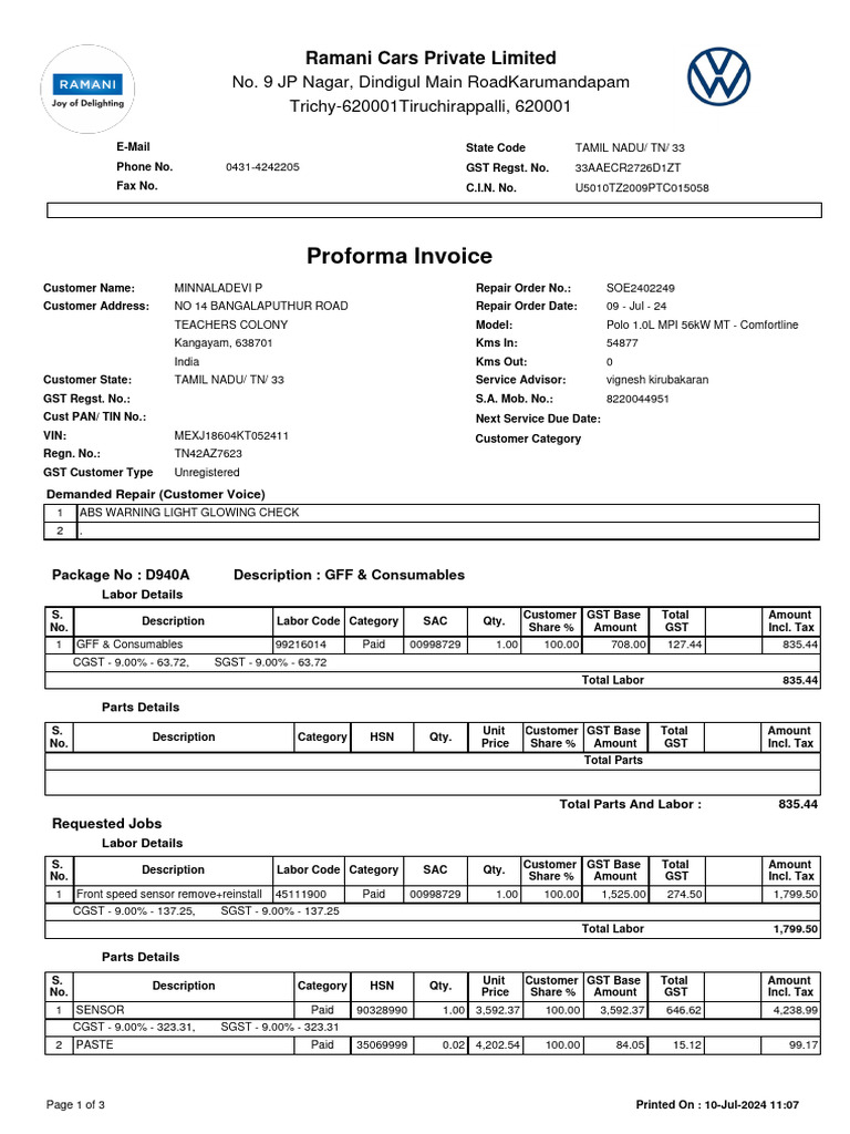 Proforma Invoice: Ramani Cars Private Limited | PDF | Government ...