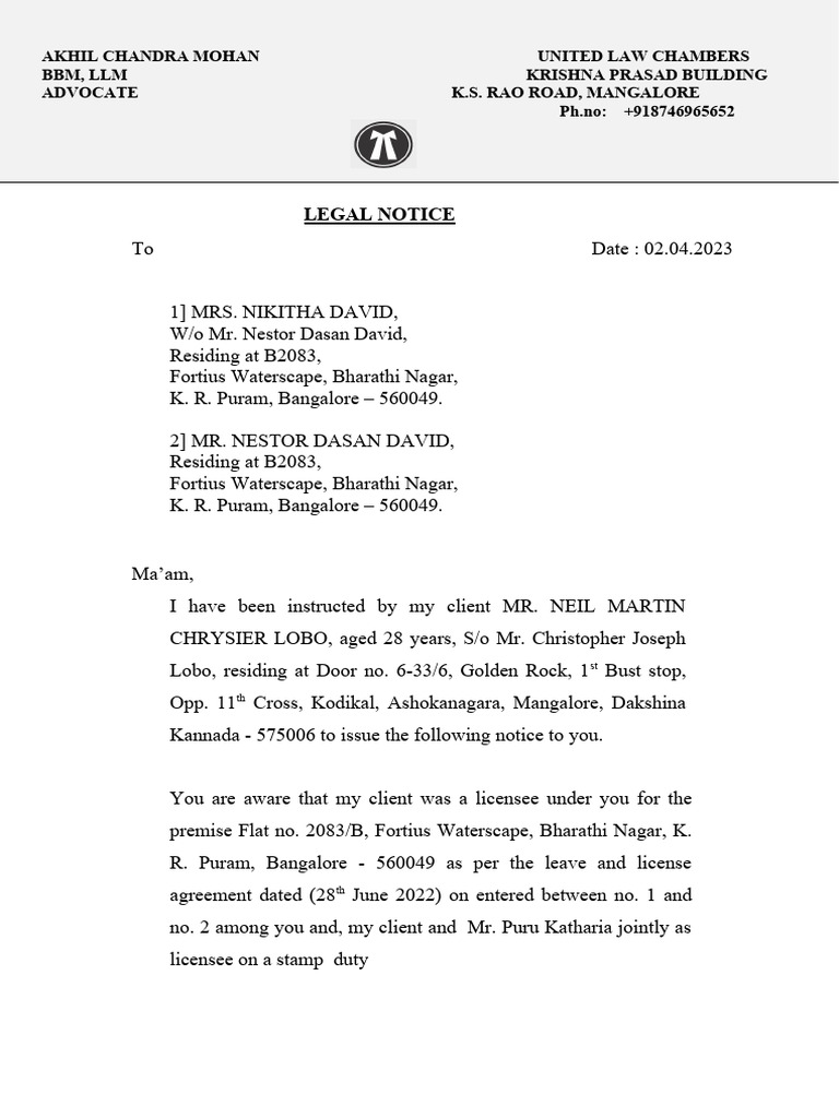 Legal Notice for Security Deposit Refund | PDF | License
