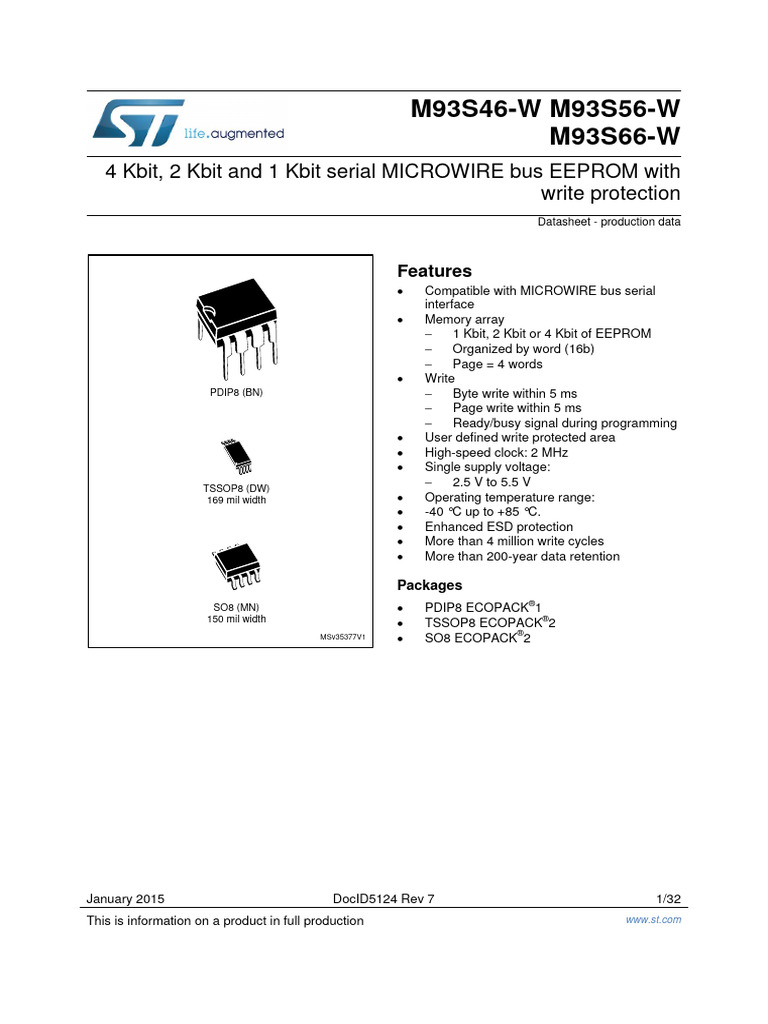 M93S46-W M93S56-W M93S66-W: 4 Kbit, 2 Kbit and 1 Kbit Serial MICROWIRE Bus EEPROM With Write ...
