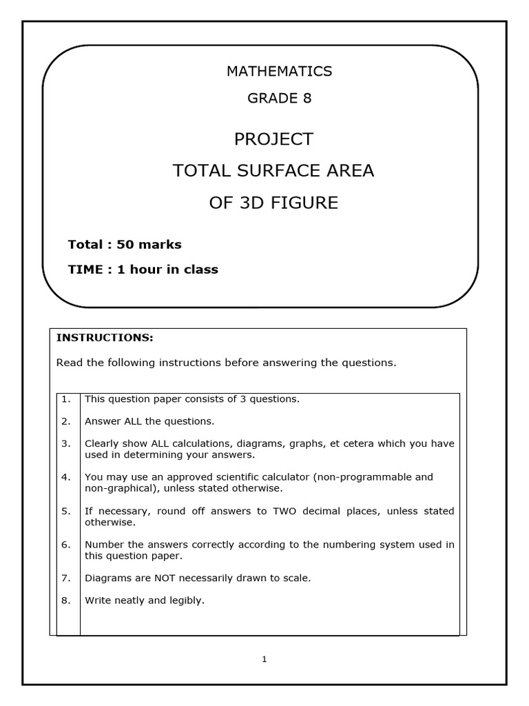 Grade 8 Math: 3D Surface Area Exam | PDF | Area | Rectangle