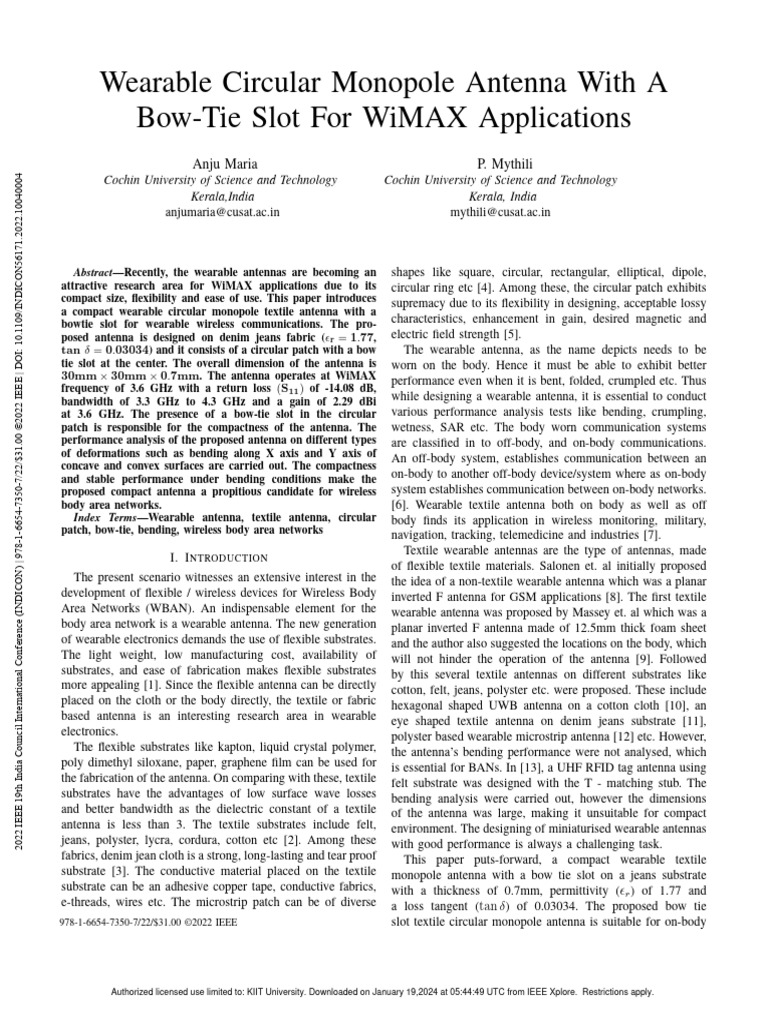 Wearable Circular Monopole Antenna With A Bow-Tie Slot For WiMAX ...