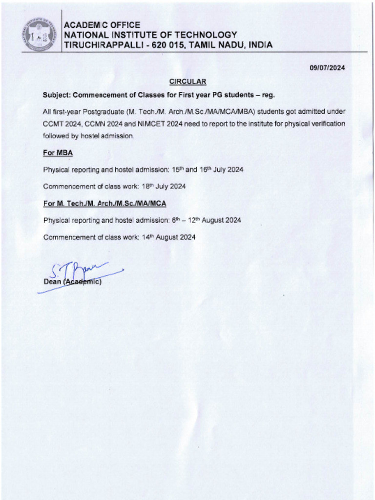 Commencement of Classes For First Year PG Students - 2024 | PDF