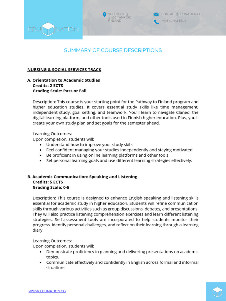 Nursing Social Services Track Summary of Course Descriptions | PDF ...
