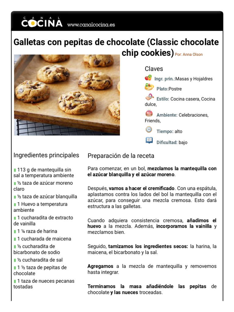 Hoja de impresión de Galletas con pepitas de chocolate (Classic chocolate chip cookies) | PDF ...