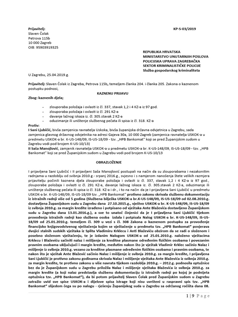 Kaznena Prijava Slavena Čolaka Protiv Sani Ljubičić I Saše Manojlovića - Kp-s-032019 | PDF
