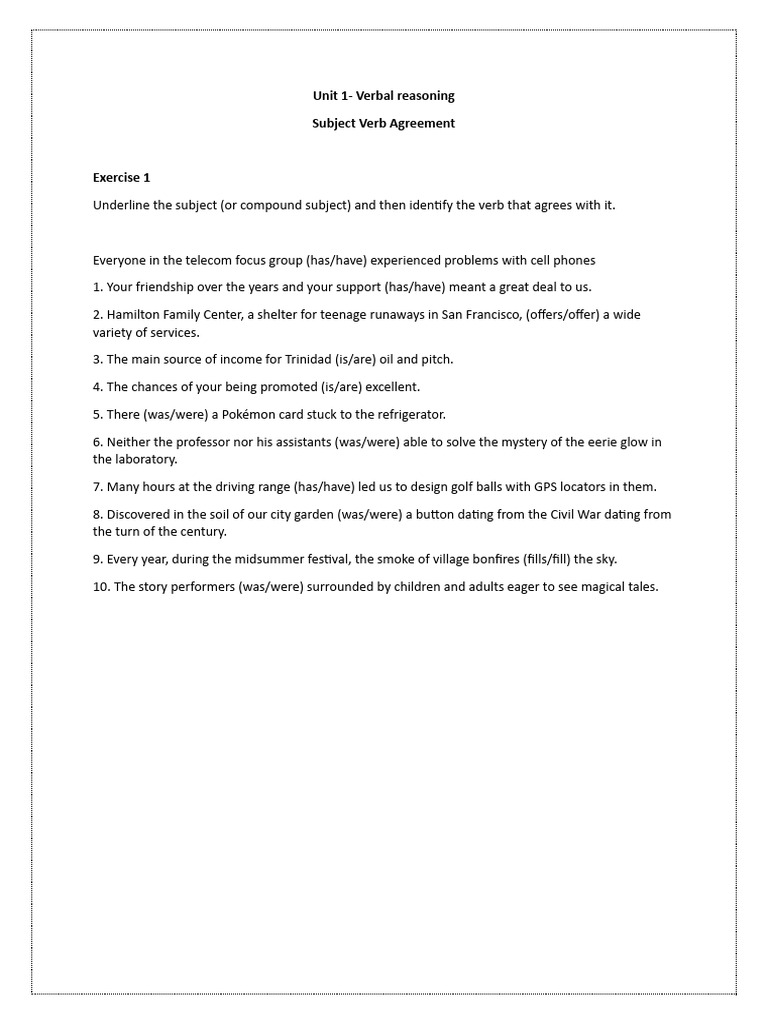 Subject Verb agreement Exercise | PDF