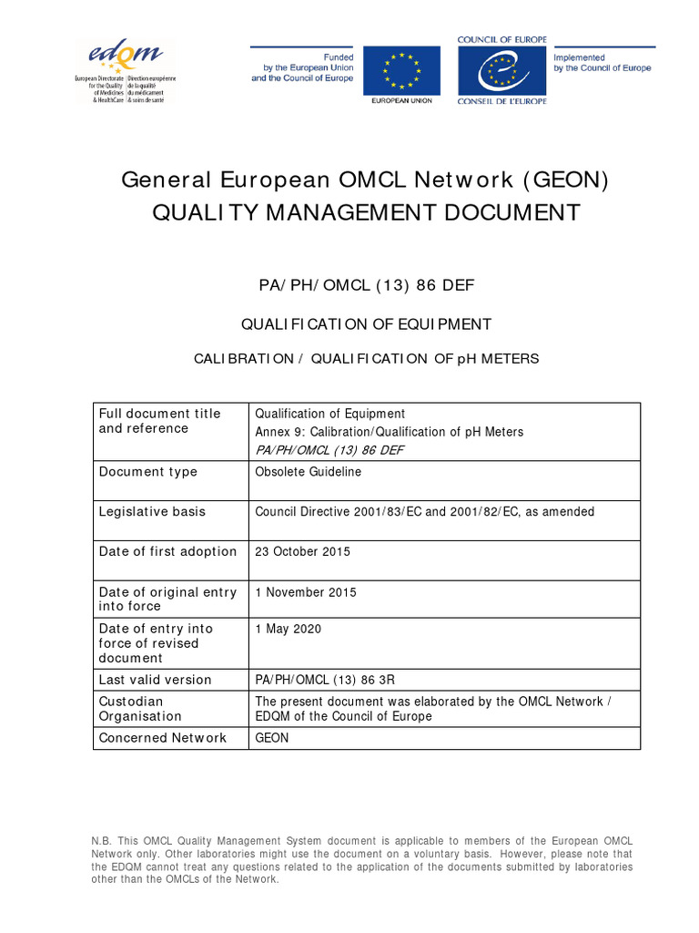 Qualification of Equipment Annex 9 Calibration - Qualification of PH ...