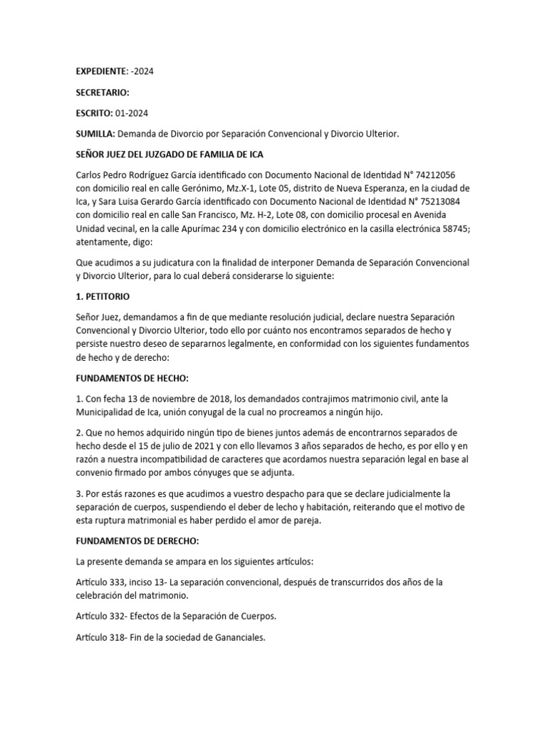 Demanda de Divorcio por Separación Convencional y Divorcio Ulterior ... Demanda de Divorcio por Separación Convencional y Divorcio Ulterior ...