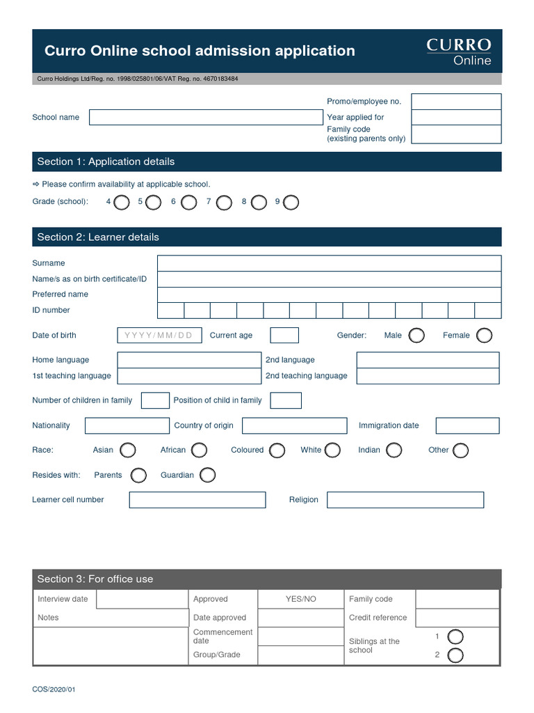 Curro Online Application Form 2020 - 01 | PDF