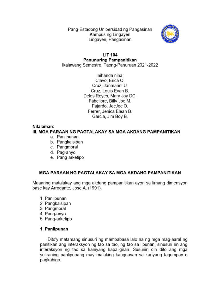 LIT104-Mga-Paraan-ng-Pagtatalakay-sa-Mga-Akdang-Pampanitikan | PDF LIT104-Mga-Paraan-ng-Pagtatalakay-sa-Mga-Akdang-Pampanitikan | PDF