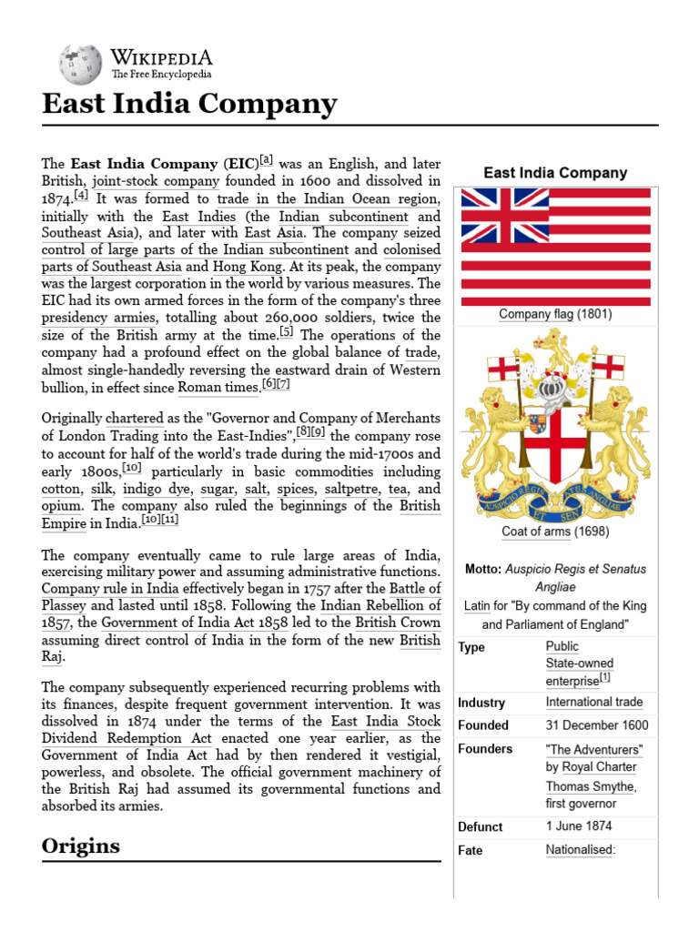 East India Company - Wikipedia | PDF | East India Company