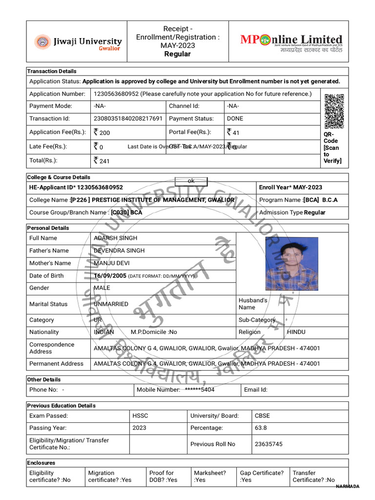 Adarsh Singh Enrollment Form | PDF