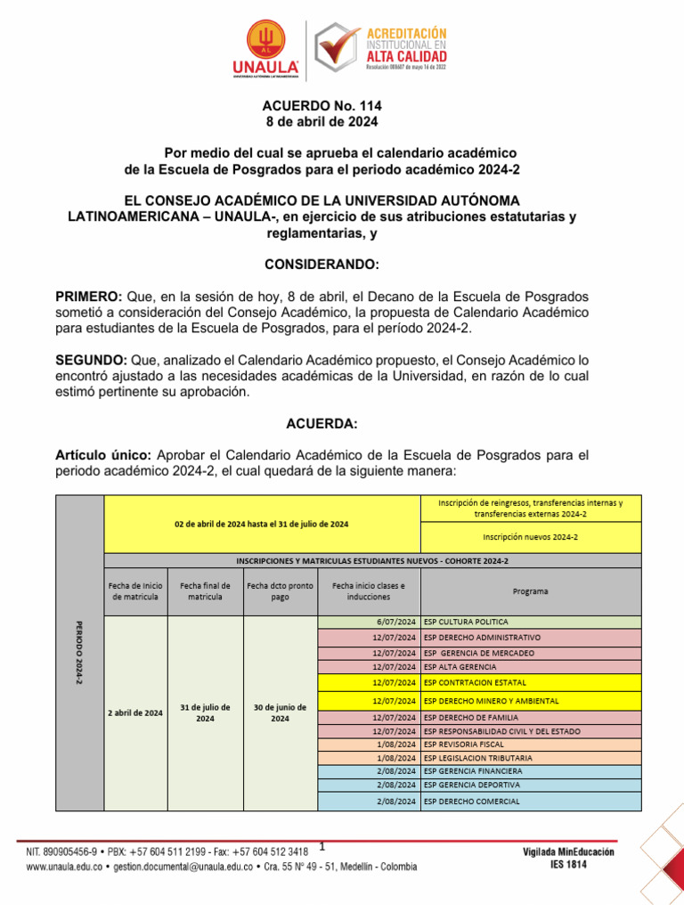 Acuerdo No. 114 del 2024 - Aprueba Calendario Académico Posgrados 2024 ...