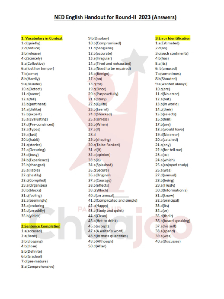 JPG Answers NED English Practice Handout For Round-I 2024 | PDF