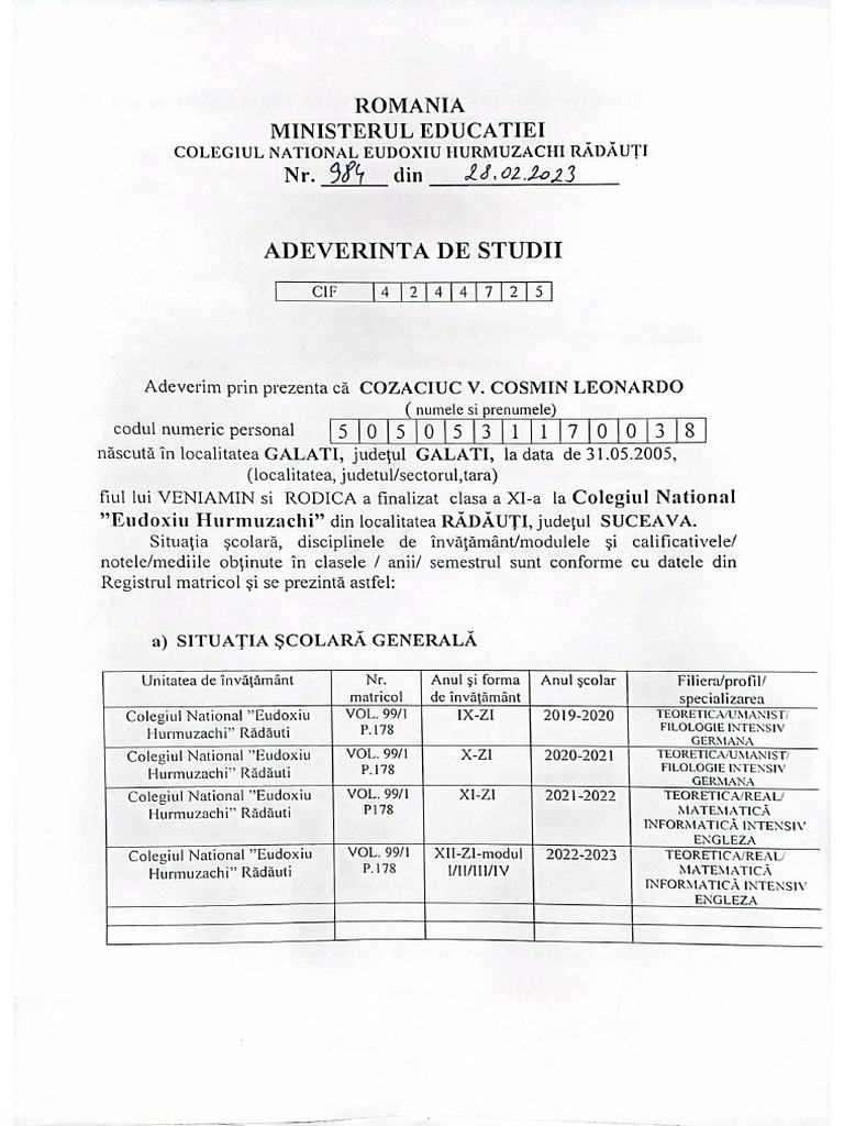 fisa matricola | PDF