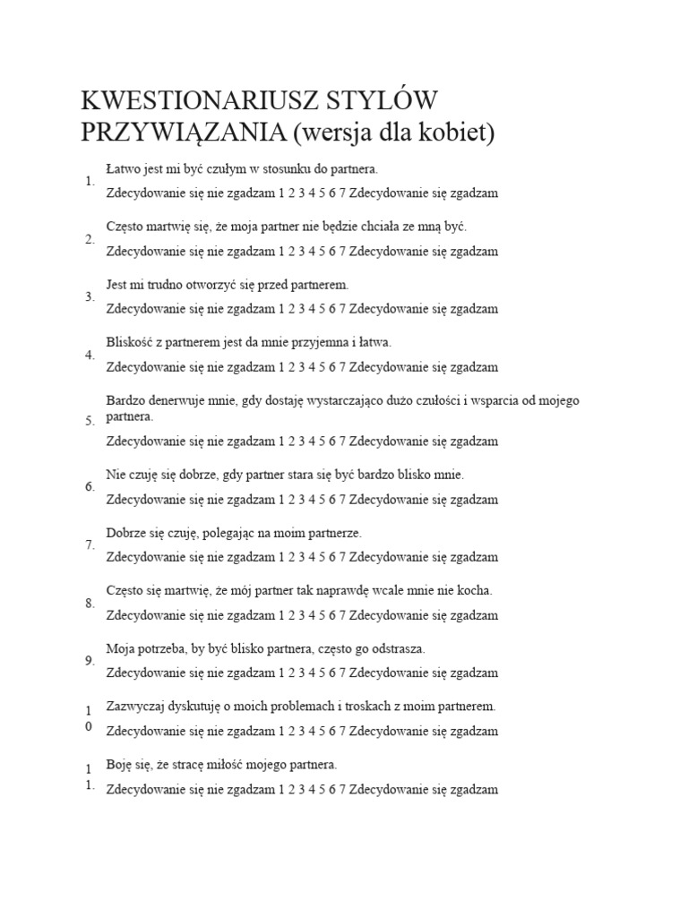 KWESTIONARIUSZ STYLÓW PRZYWIĄZANIA | PDF