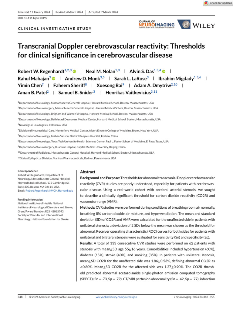 Journal of Neuroimaging - 2024 - Regenhardt - Transcranial Doppler Cerebrovascular Reactivity ...