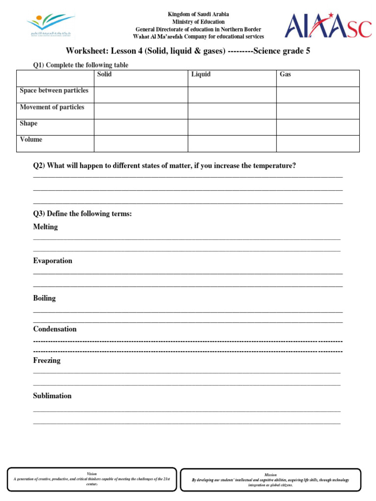Worksheet - Lesson 4 (Solid, Liquid & Gases) - Science Grade 5 | PDF ...