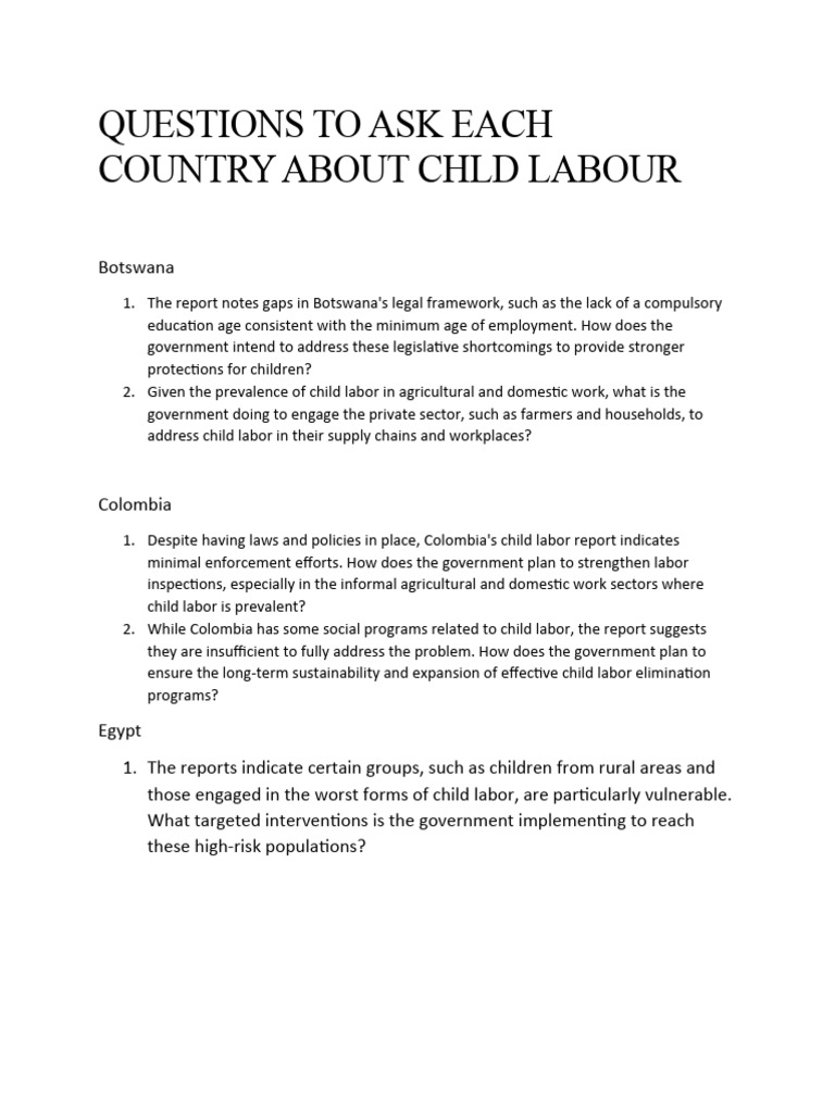 Questions To Ask Each Country About CHLD Labour | PDF | Social Science