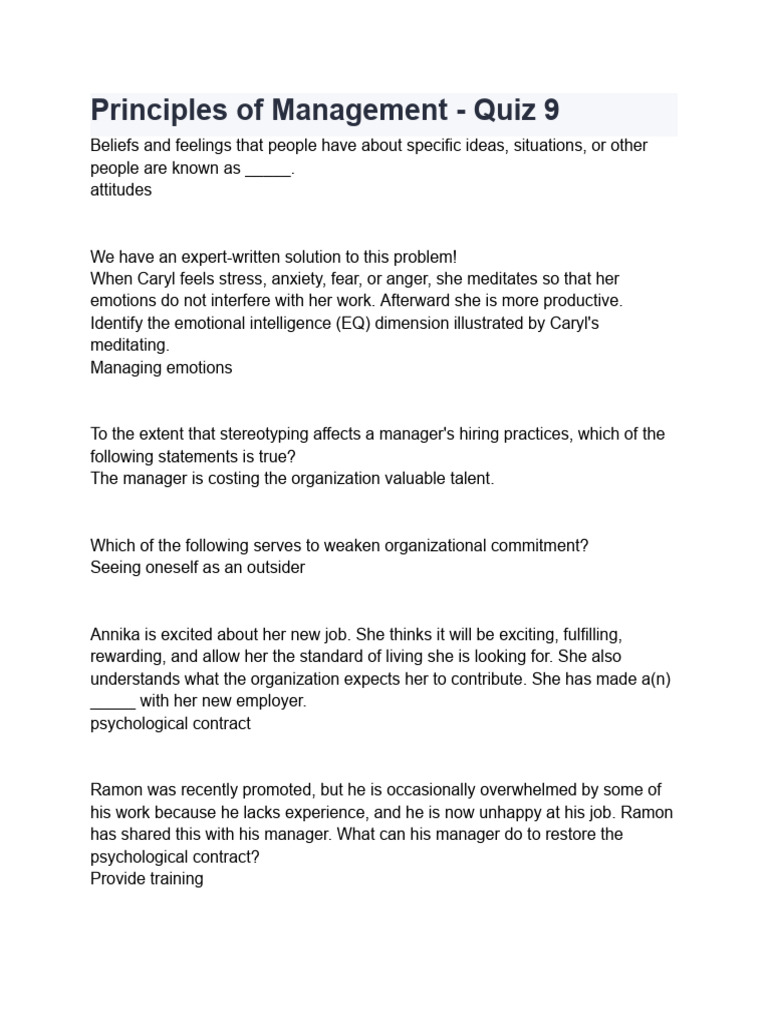 Principles of Management - Quiz 9 | PDF | Empathy | Emotions