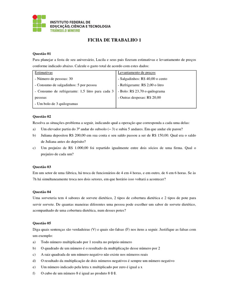 Ficha de Trabalho 1 | PDF | Decimal | Números