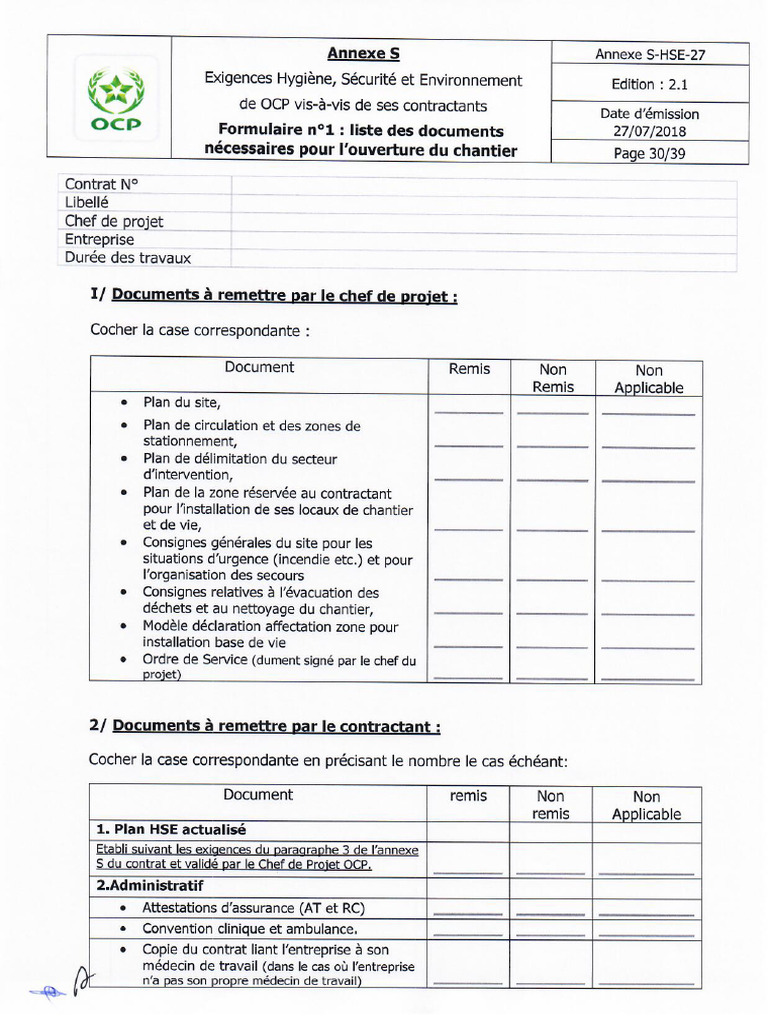 Annexe S-HSE-27 Exigences HygièneSécurité Et Environnement de OCP Vis À ... - 30-32 | PDF