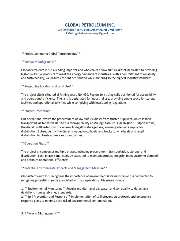 Global Petroleum Project Summary | PDF | Waste | Personal Protective ...