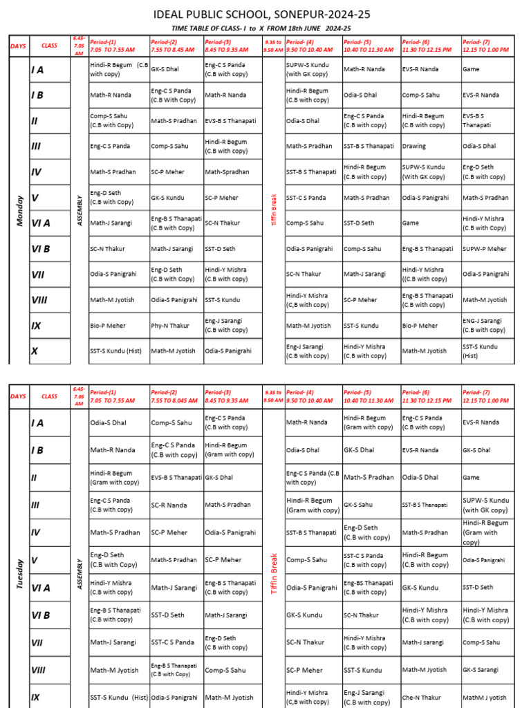 2024-25 Class Timetable for Ideal School | PDF