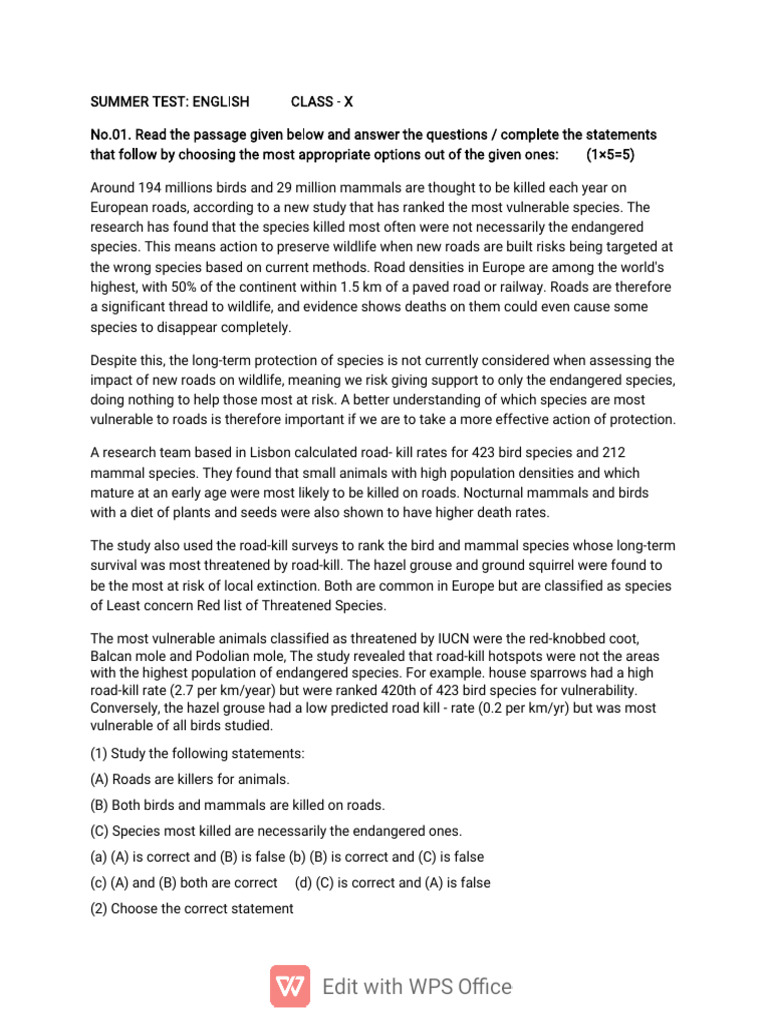 SUMMER TEST_ EN-WPS Office | PDF | Endangered Species