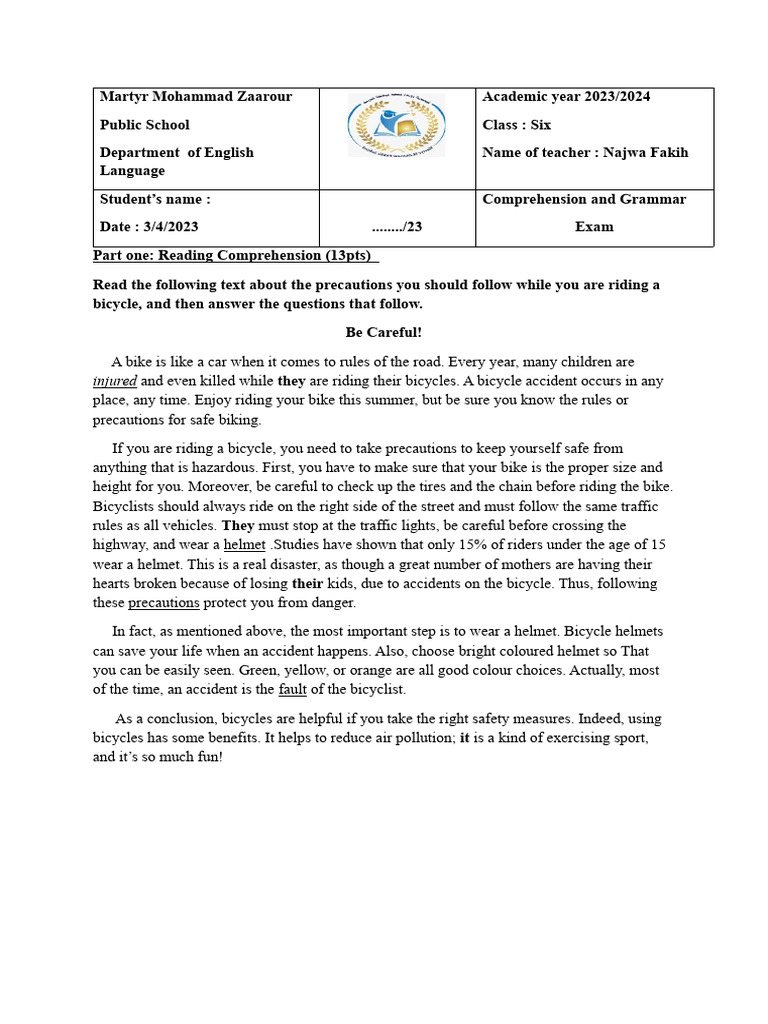 3rd Term Exam (Bike Safety) | PDF | Traffic | Transport