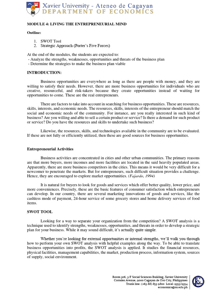 Entrep Mind - Module 4 | PDF | Swot Analysis | Strategic Management