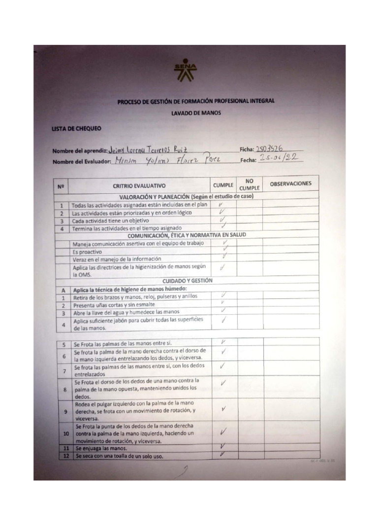 TALLER N° 3 LISTA DE CHEQUEO PROCEDIMIENTO LAVADO DE MANOS | PDF