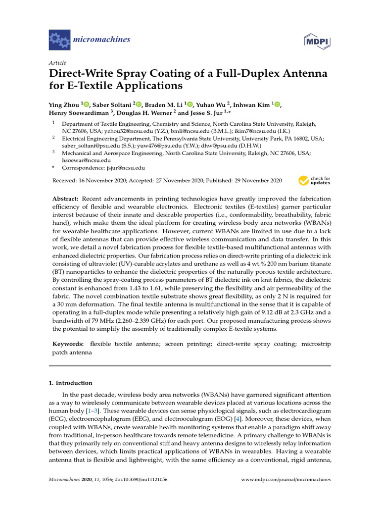 Directwrite Spray Coating of A Fullduplex Antenna For Etextile ...
