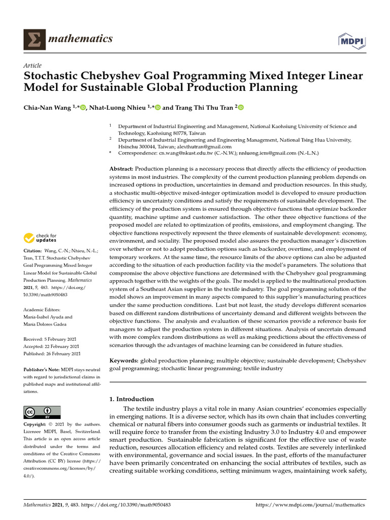 Stochastic Chebyshev Goal Programming Mixed Integer Linear Model For Sustainable Global ...