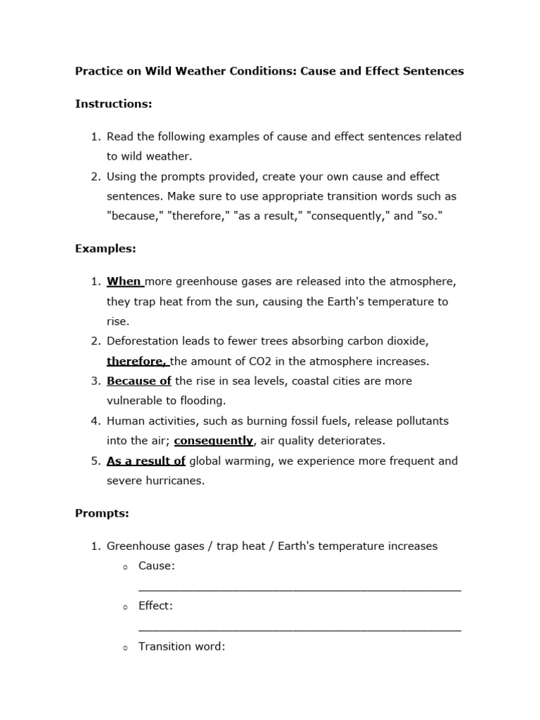 Practice 1 Cause and Effect Sentences | PDF | Climate Change ...