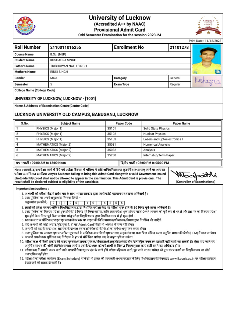 University of Lucknow: Roll Number Enrollment No | PDF