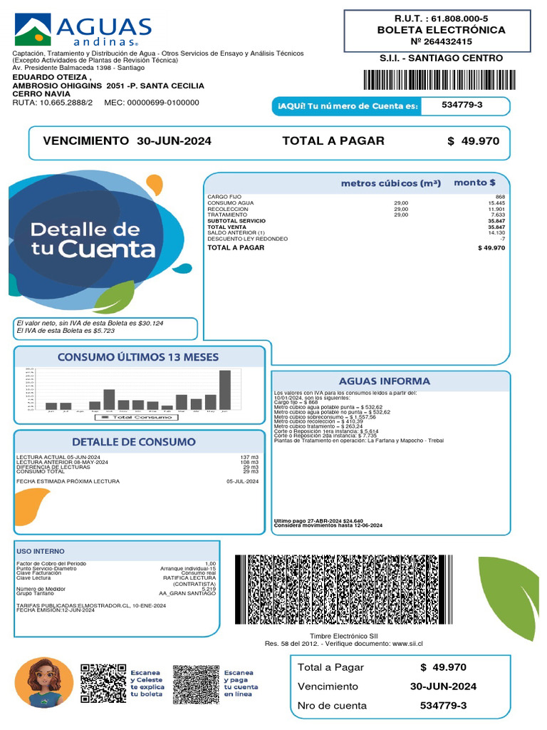 Boleta Electrónica de Agua SII 2024 | PDF | Ingeniería hidráulica | Agua