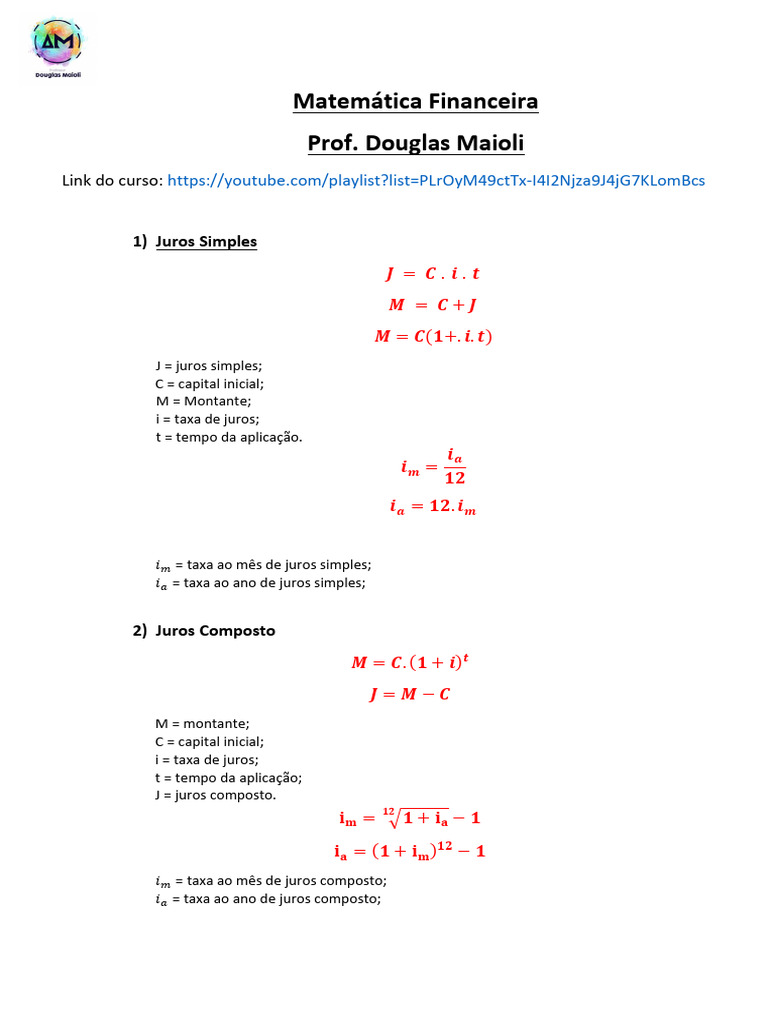 Fórmulas Matemática Financeira | PDF | Juros | Desconto