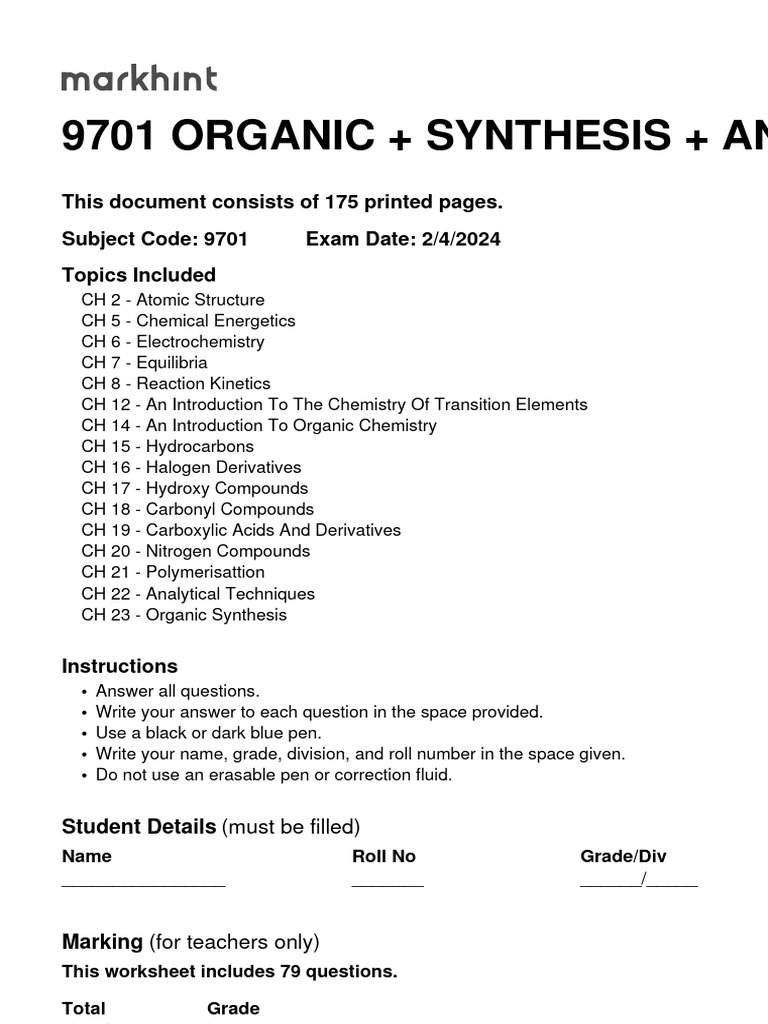9701 Organic + Synthesis + Analytical QP 2019-2015 | PDF | Chemistry | Organic Chemistry