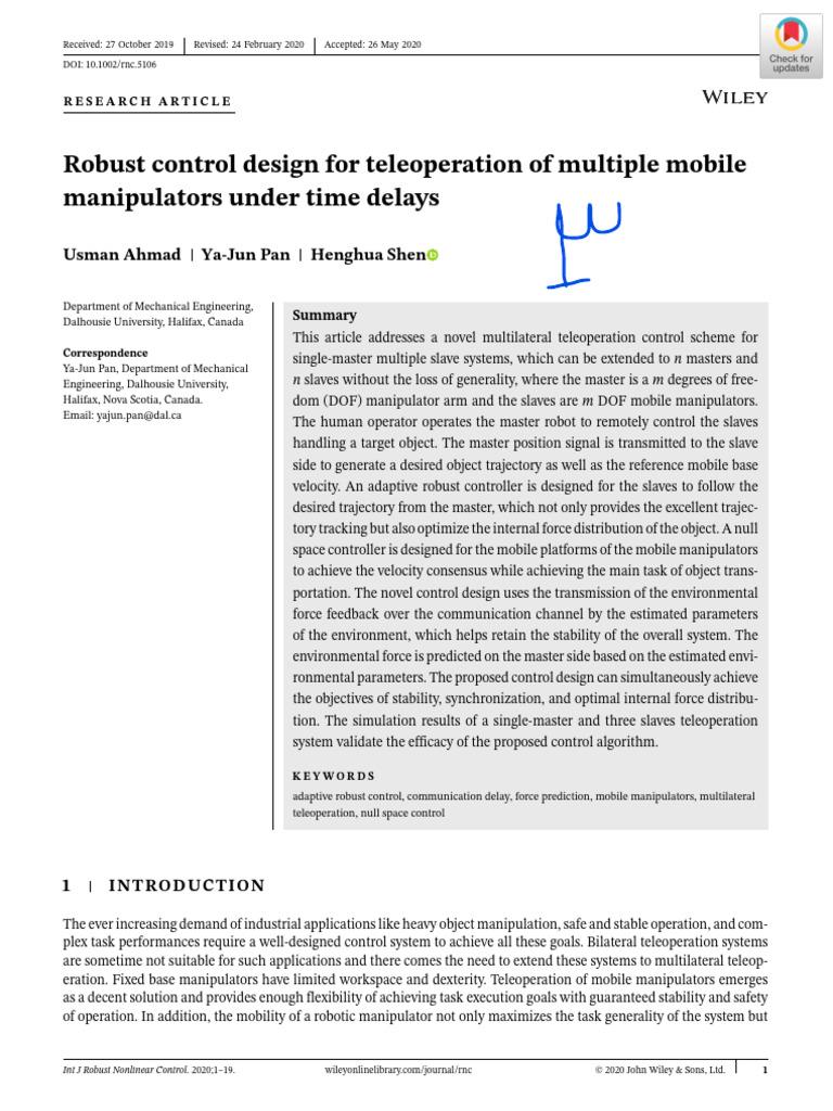 Robust Control Design For Teleoperation Of Multiple Mobile Manipulators Under Time Delays Pdf