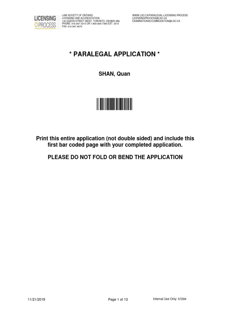 Ontario Paralegal Licensing Application | PDF | Notary Public | Bankruptcy