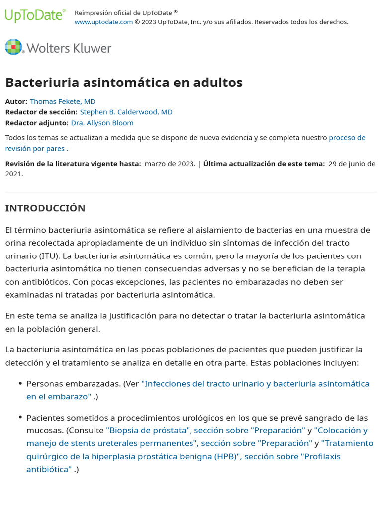 Bacteriuria Asintomática en Adultos - UpToDate 2021 | PDF | Infección ...