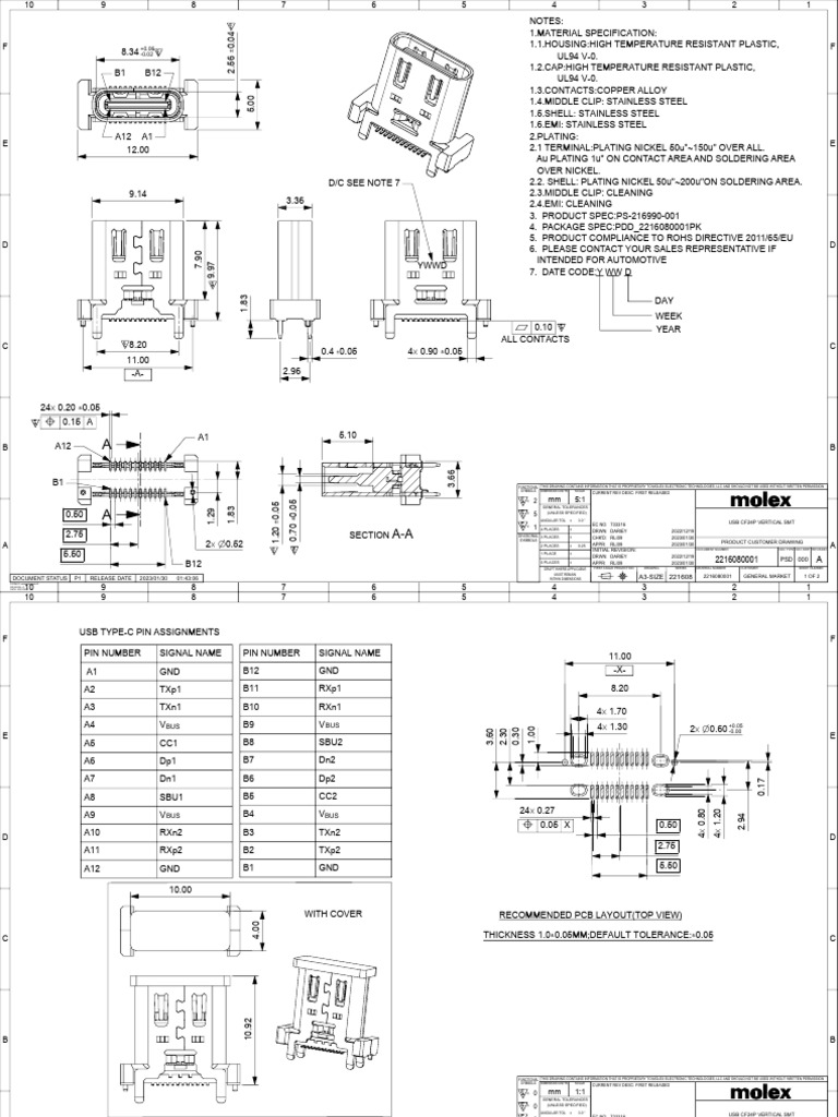 USB CF24P Vertical SMT Drawing | PDF | Soldering | Building Materials