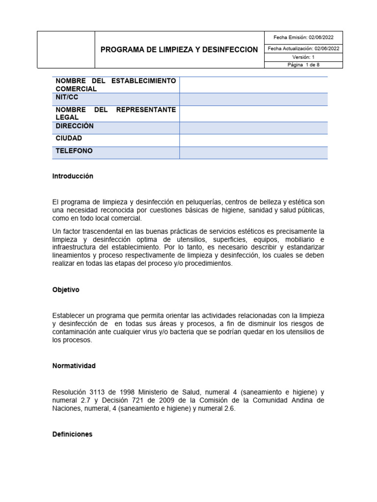 Programa de limpieza y desinfeccion New | Descargar gratis PDF | Detergente | Agua