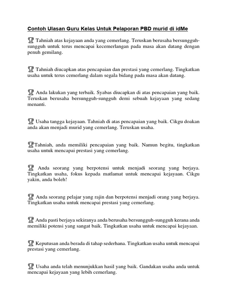 Contoh Ulasan Guru Kelas Untuk Pelaporan PBD Murid Di Idme | PDF ...