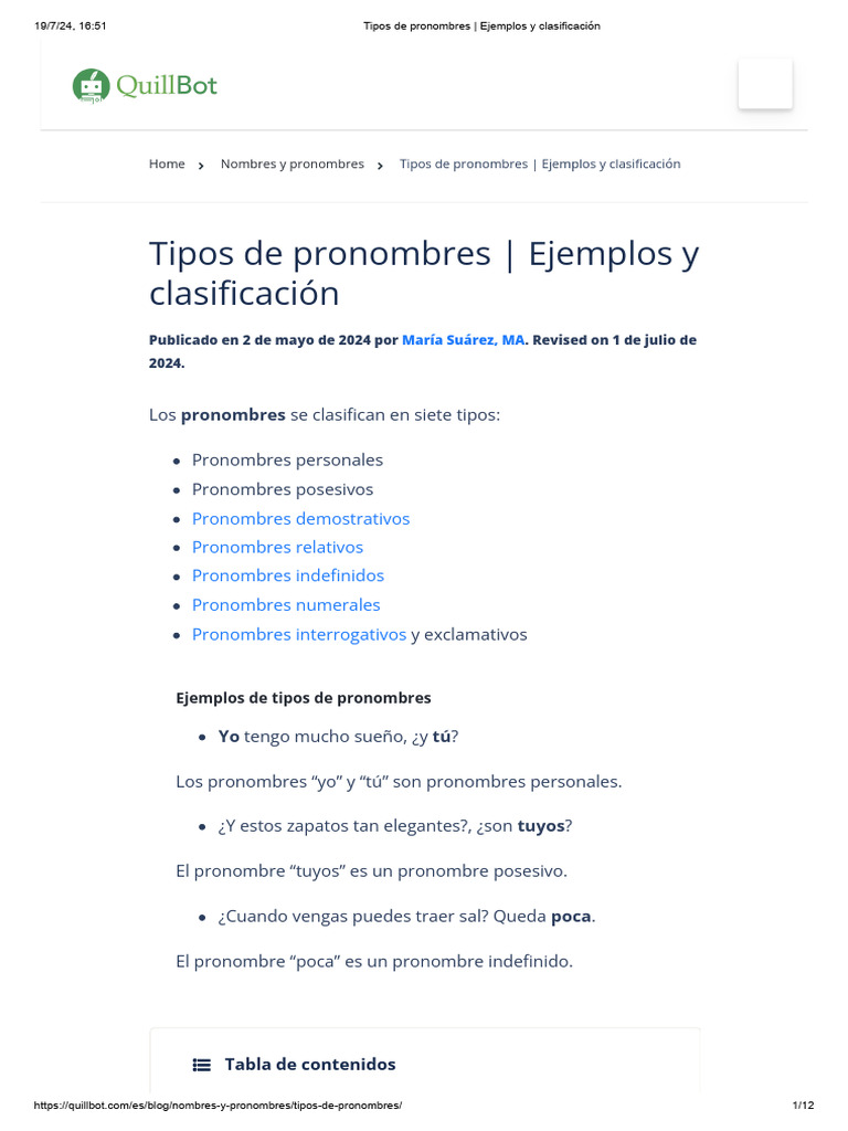 Tipos de Pronombres - Ejemplos y Clasificación | PDF | Pronombre | Verbo