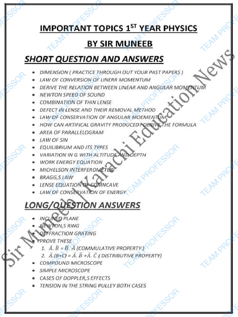 First Year Physics Important by Sir Muneeb | PDF